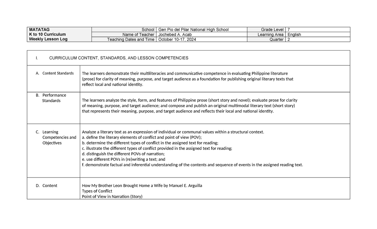 MATATAG K to 10 Curriculum Q2 Lesson Log 2: English Grade 7 - Studocu