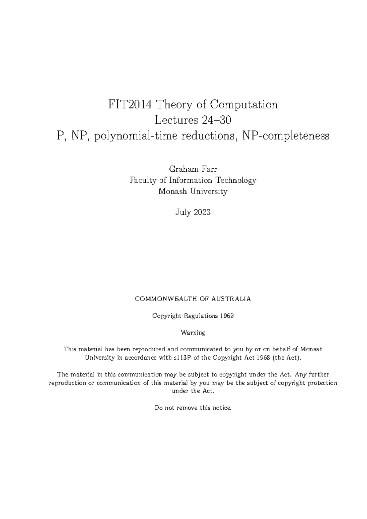 FIT2014 Theory of Computation Lecture Notes: P, NP, and Reductions ...