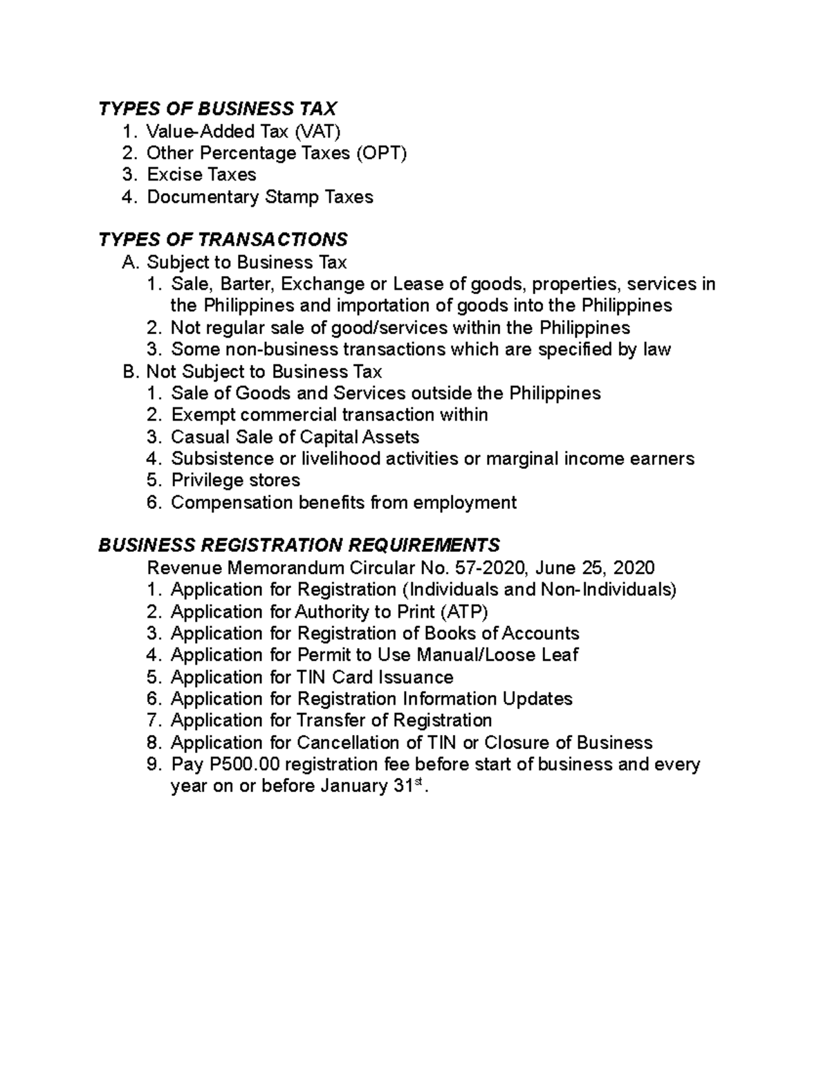 Taxation Types and Business Registration Overview: A Concept Map - Studocu