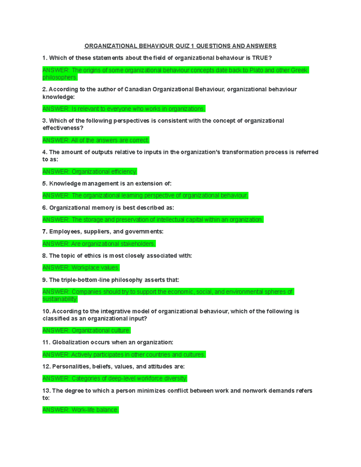 Organizational Behaviour (OB) Chapter 1 Quiz: Questions & Answers - Studocu