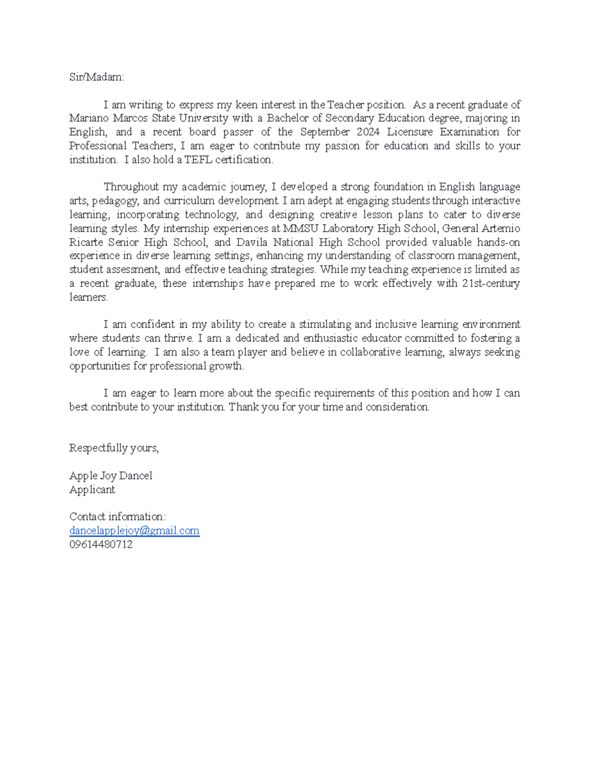 Cover letter for teacher position application - English major - Studocu