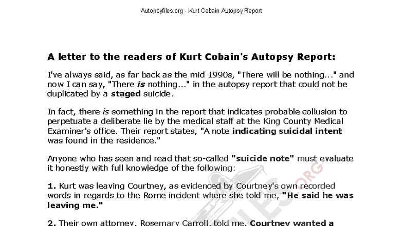 Kurt Cobain Autopsy Report Analysis: A Critical Review - Studocu