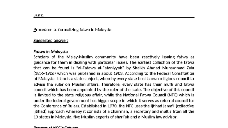 UIL2712 Procedure for Issuing Fatwa in Malaysia - Studocu