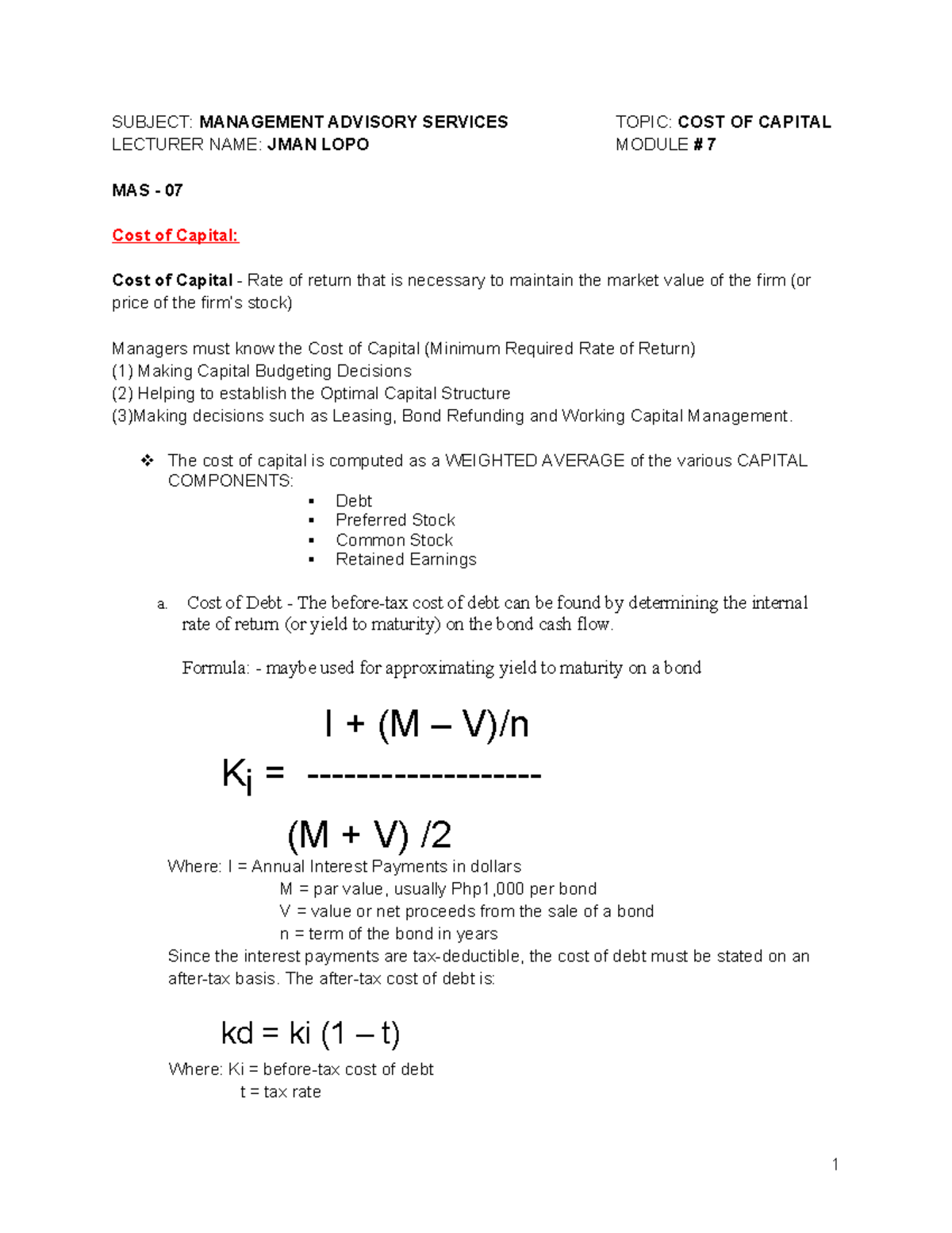 Cost of Capital - Module 7 MAS-07 Management Advisory Services - Studocu