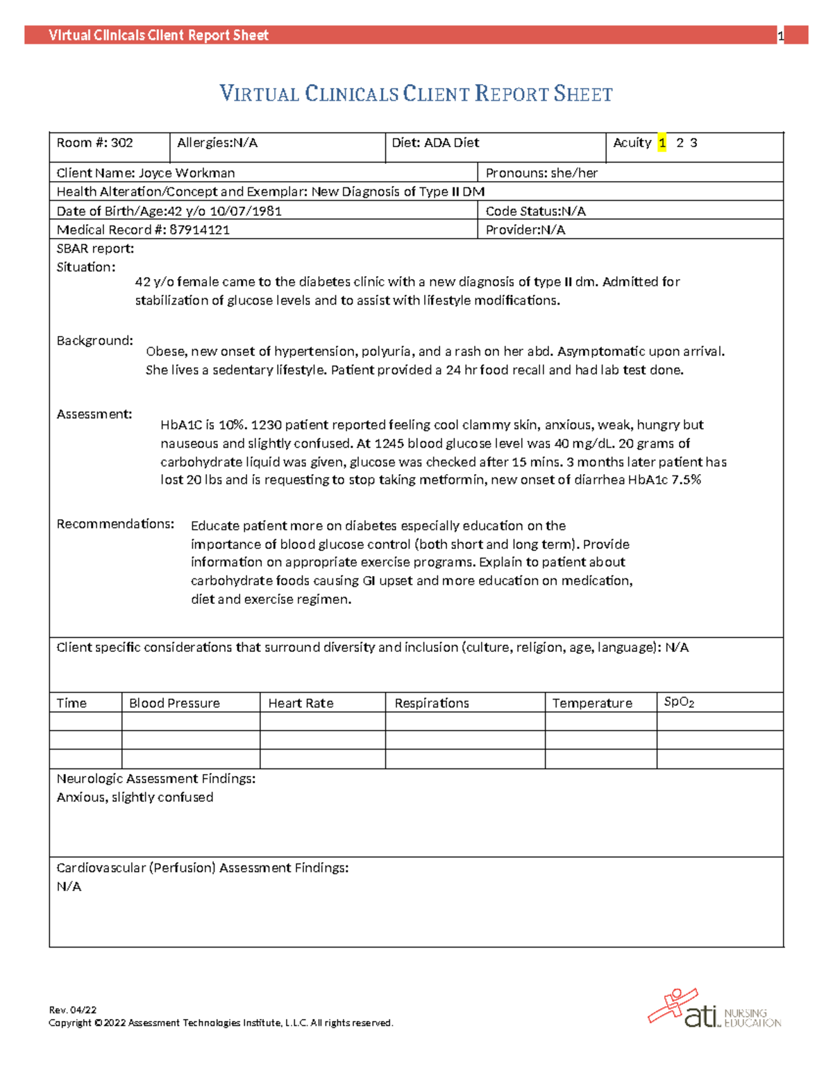 Med Surg 2 Client Report Sheet: Type II DM Case Study - Studocu