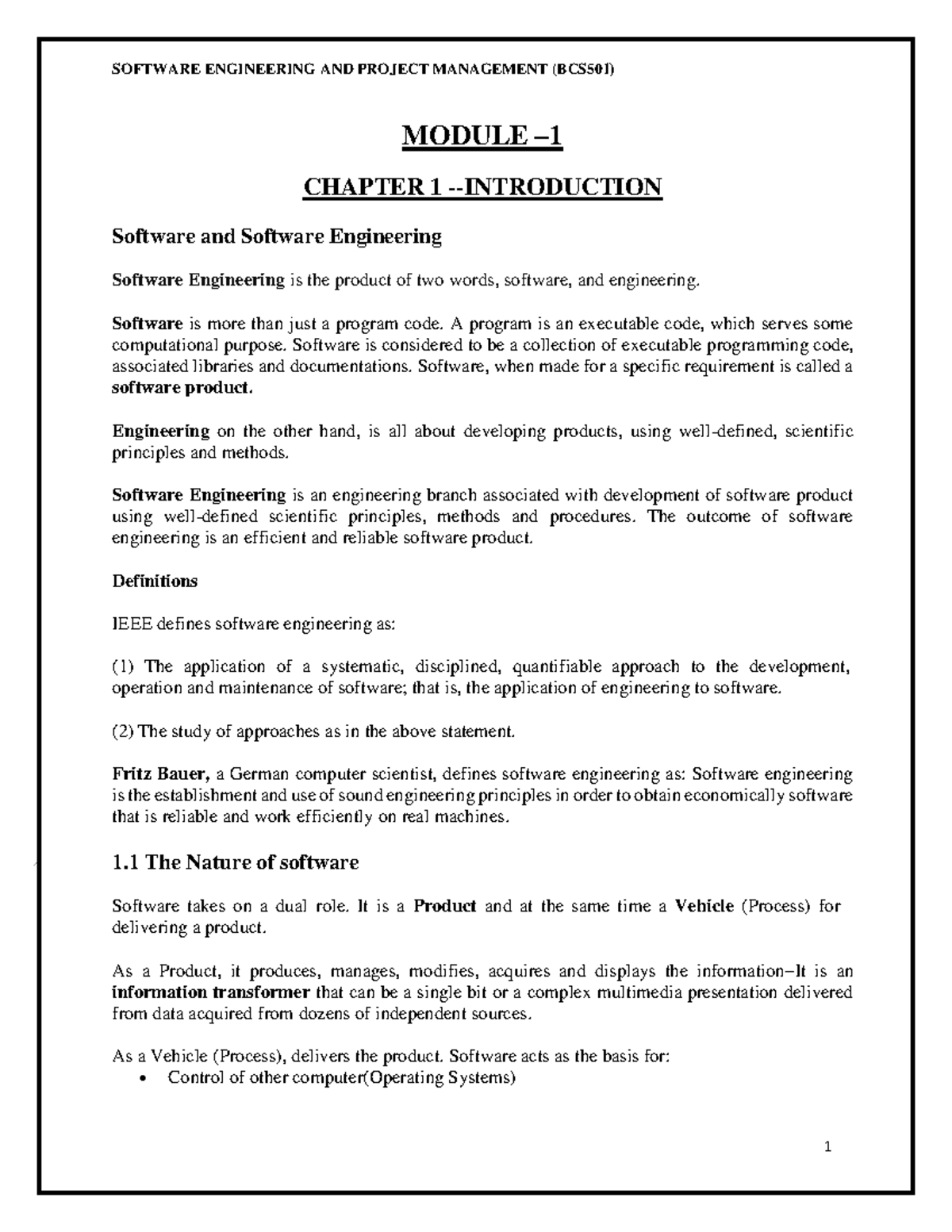 SOFTWARE ENGINEERING AND PROJECT MANAGEMENT (BCS501) CHAPTER 1 OVERVIEW ...