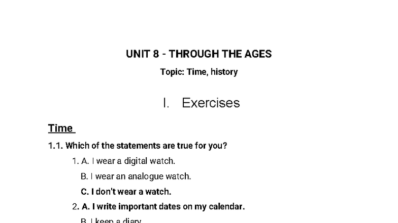 Unit 8: Time and History Exercises - Thuận Hồ Đức - Studocu