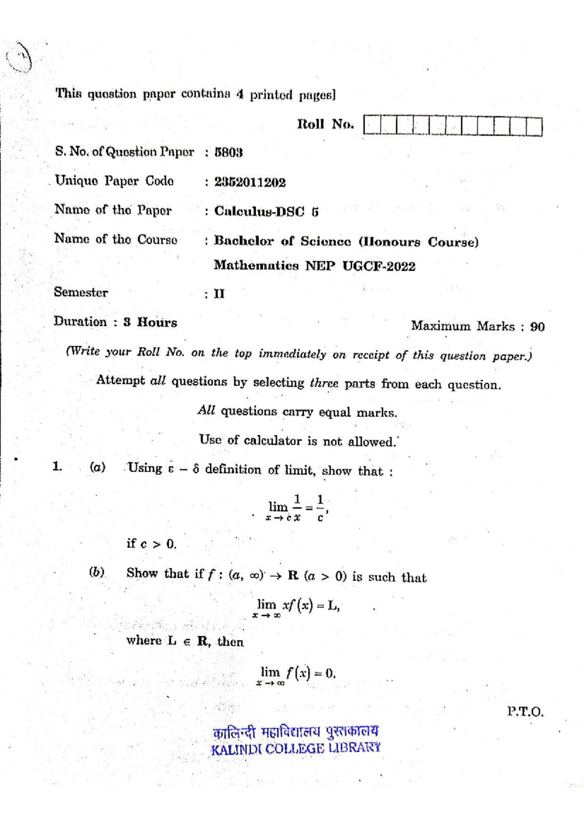 B.Sc. (Hons) Math NEP Sem II - Past Year Questions Paper 5803 - Studocu
