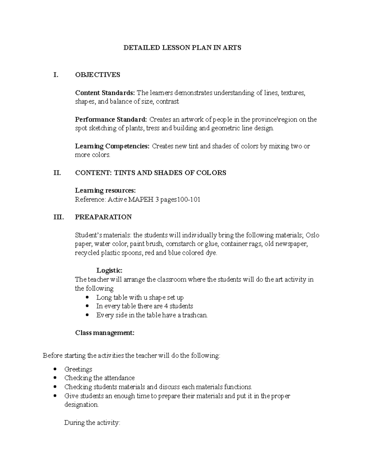 Detailed Lesson Plan on Tints and Shades in Arts (MAPEH 3) - Studocu