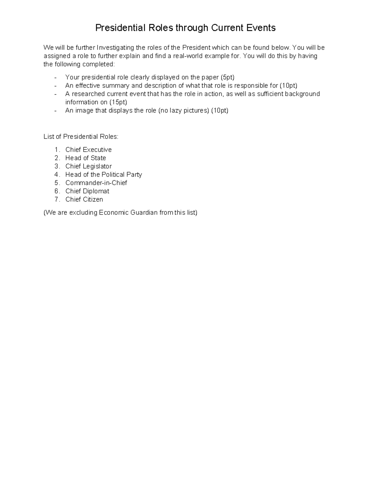 Presidential Roles through Current Events - You will be assigned a role ...