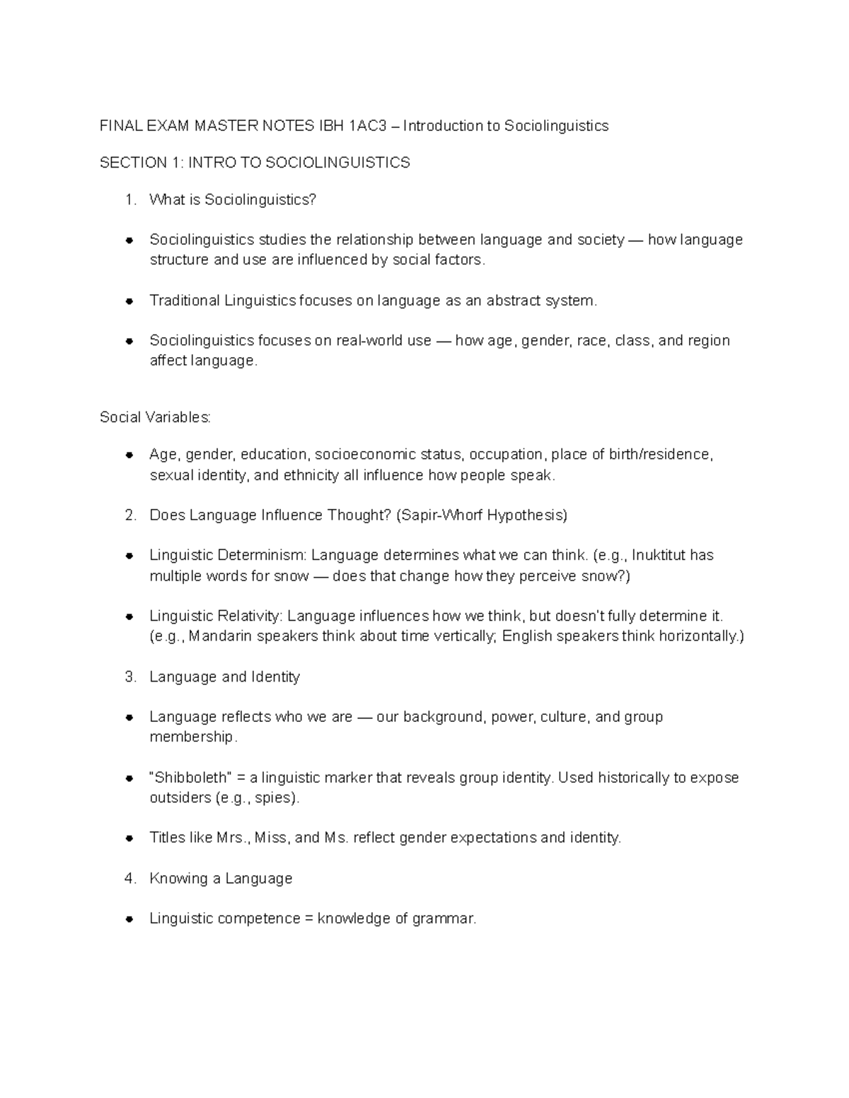 FINAL EXAM MASTER NOTES IBH 1AC3 Introduction to Sociolinguistics - Studocu