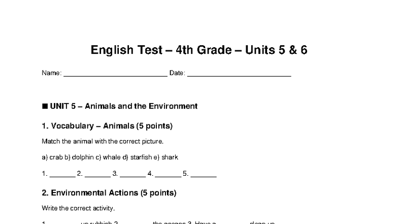 English Test 4th Grade: Units 5 & 6 - Animals & Sports - Studocu