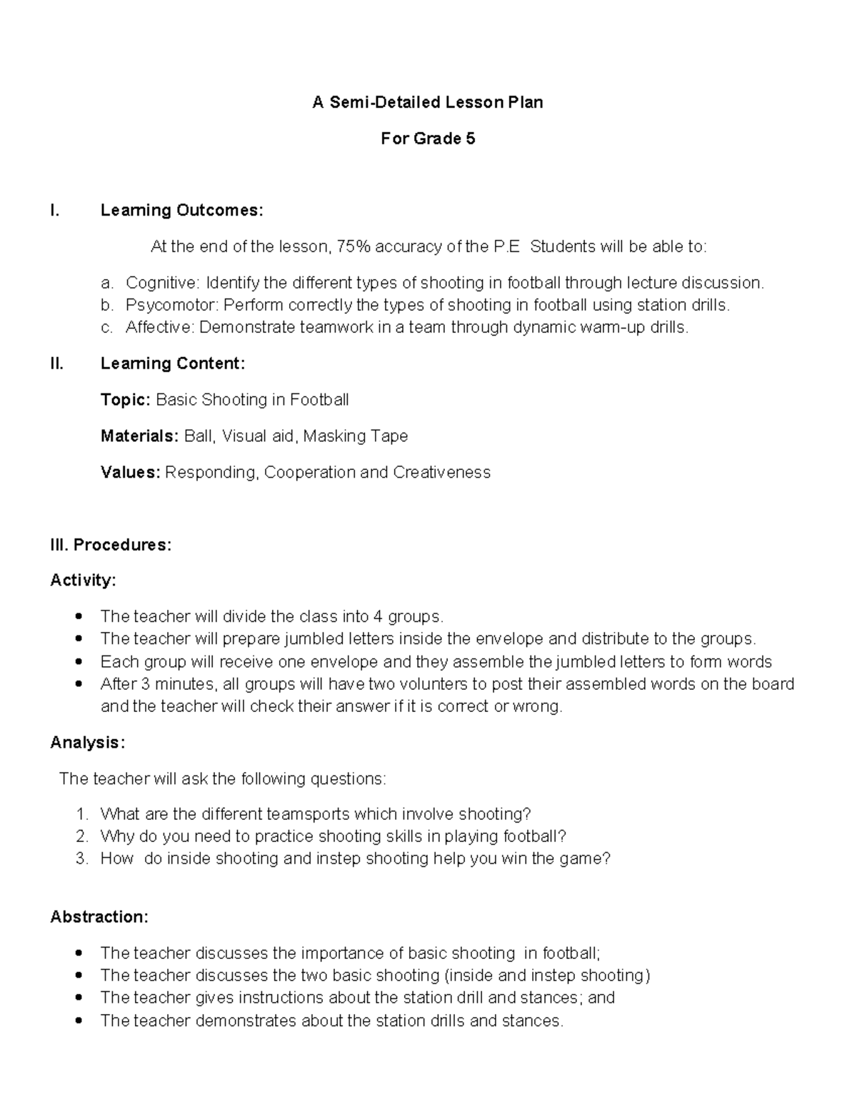Grade 5 Lesson Plan: Basic Shooting Techniques in Football - Studocu