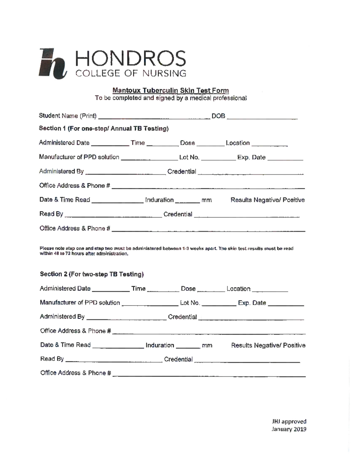 HONDROS-TB - Mantoux Tuberculin Skin Test Form for Nursing Students ...