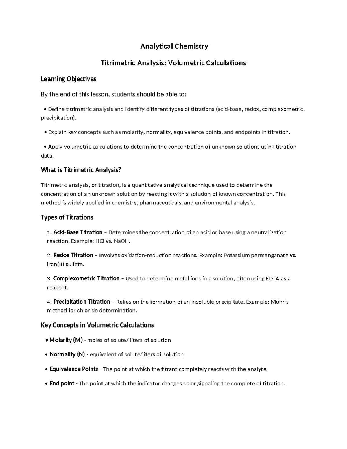 Handout Analytical Chemistry(Volumetric Calculations) - Analytical Chemistry Titrimetric ...
