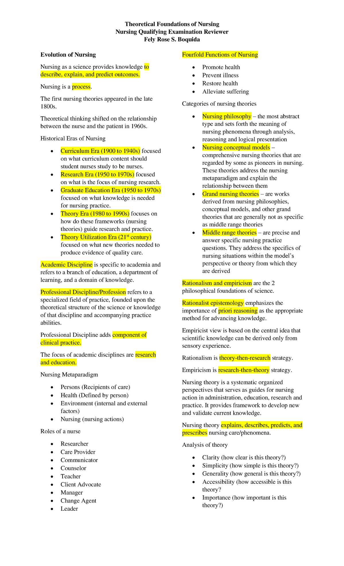 Theoretical Foundations of Nursing Qualifying Exam Reviewer - Nursing ...