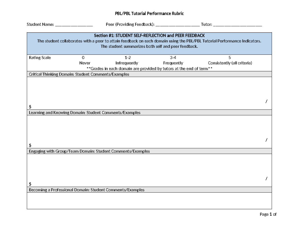 PBL Tutorial Performance Rubric: Self-Reflection & Peer Feedback - Studocu