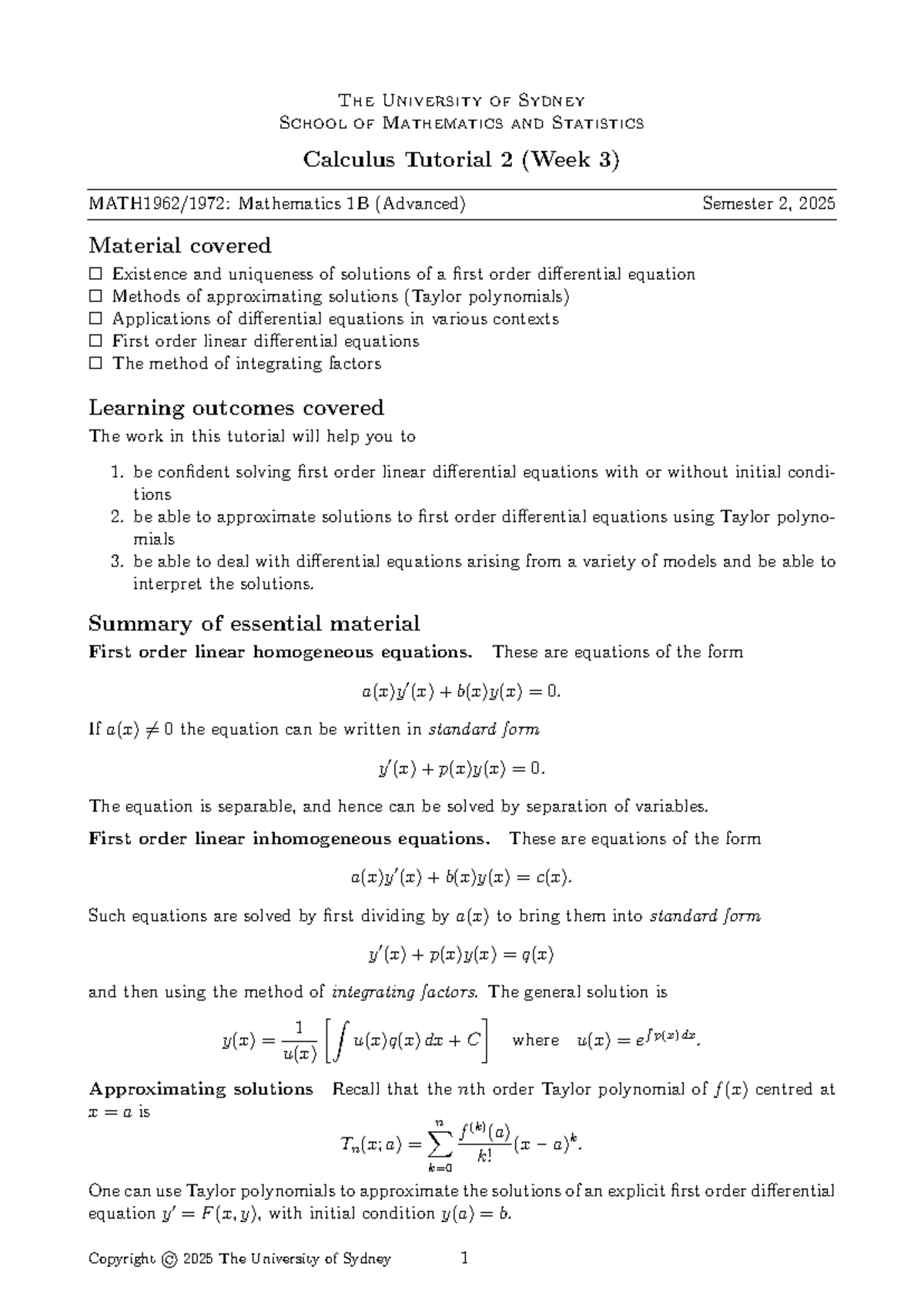 Calculus Tutorial 2 (Week 3) - Mathematics 1B (Advanced) - Studocu