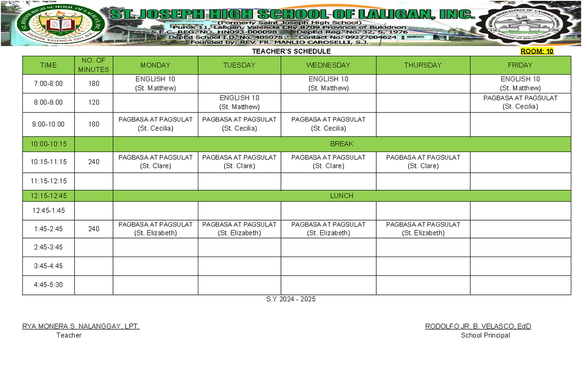 Teacher Classroom Program Template - TEACHER’S SCHEDULE ROOM: 10 TIME ...