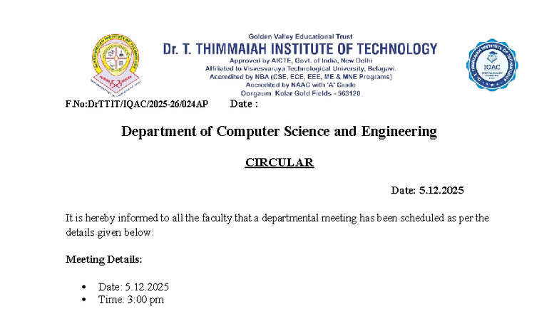 CSE Dept Meeting Circular - 5th Dec 2025 Agenda & Attendance - Studocu