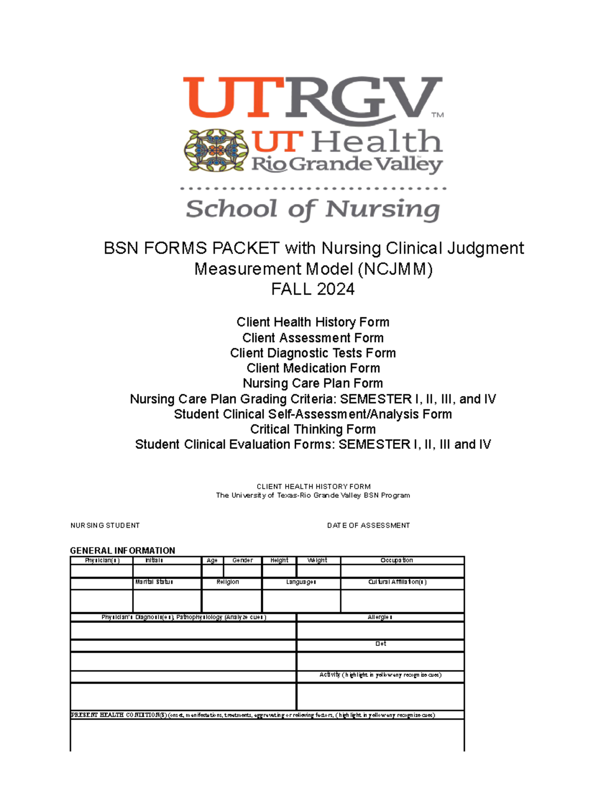 BSN Forms Packet FA2024: Nursing Clinical Judgment Measurement Model - Studocu