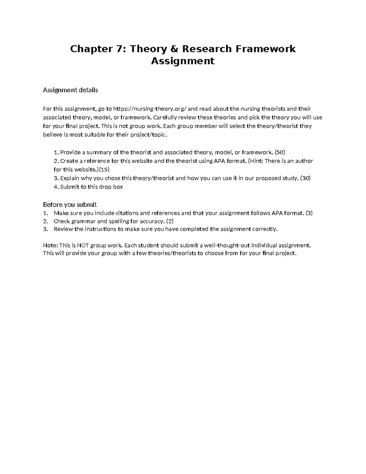 Chapter 7: Nursing Theory Research Framework Assignment Instructions ...