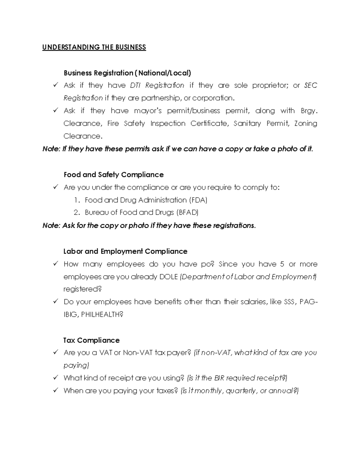 Understanding the Business: Compliance and Registration Checklist - Studocu