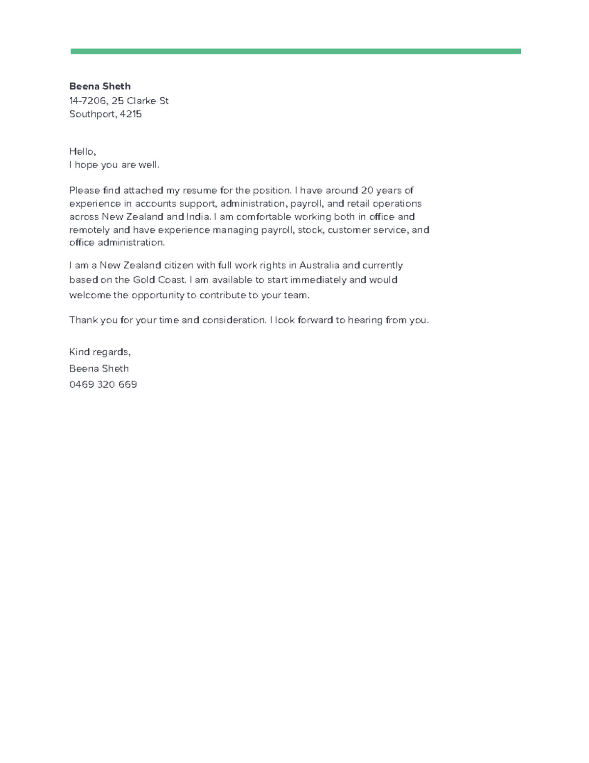 Cover Letter for Position - 123456789 - Studocu