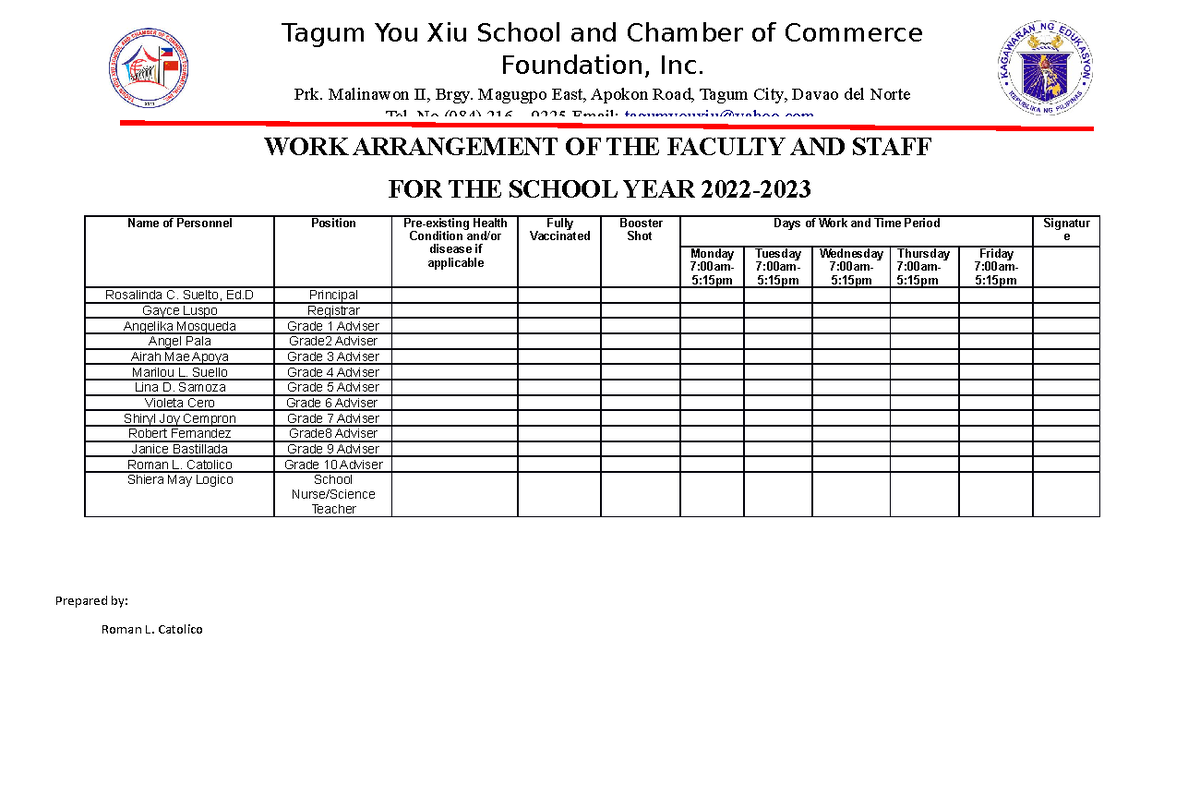 Faculty and Staff Work Arrangement SY 2022-2023 - Studocu