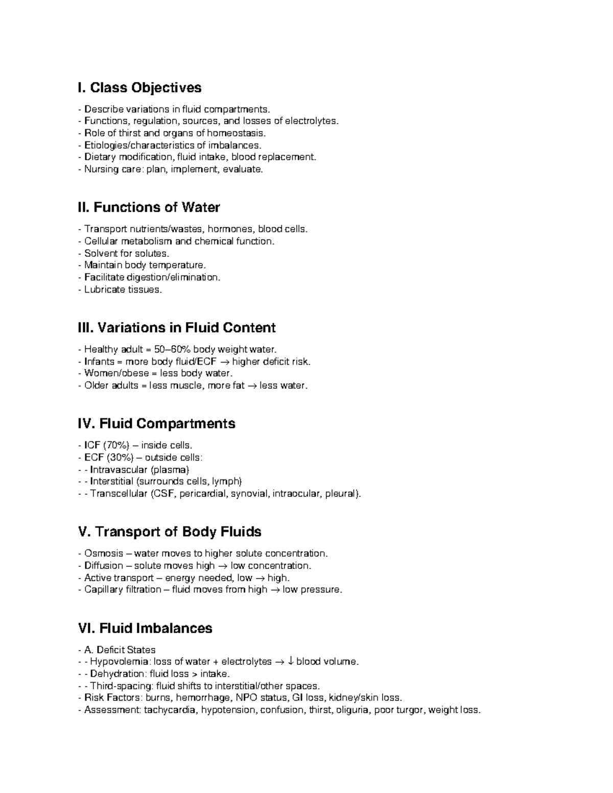 Fluid & Electrolyte Balance Outline: Nursing Care & Functions - Studocu
