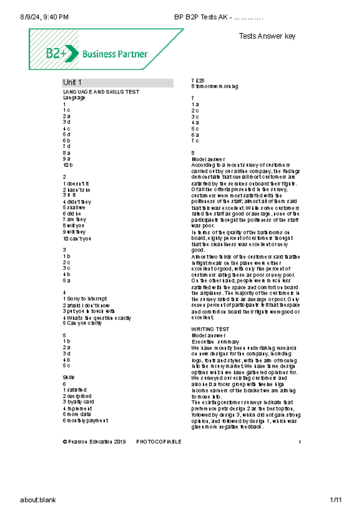 BP B2P Tests Answer Key – Comprehensive Review and Insights - Studocu