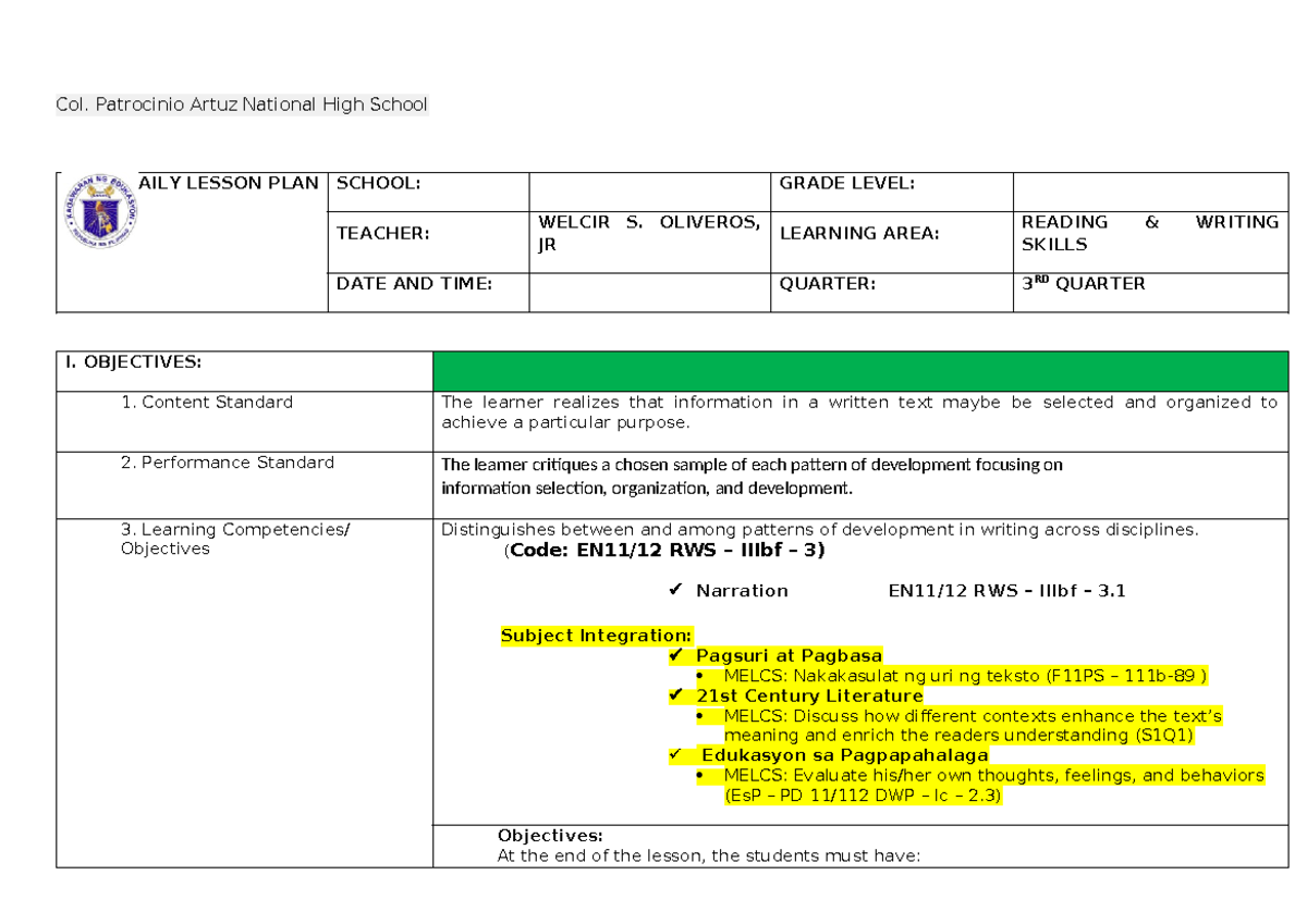 RWS 3 Daily Lesson Plan: Mastering Narration Skills - Studocu
