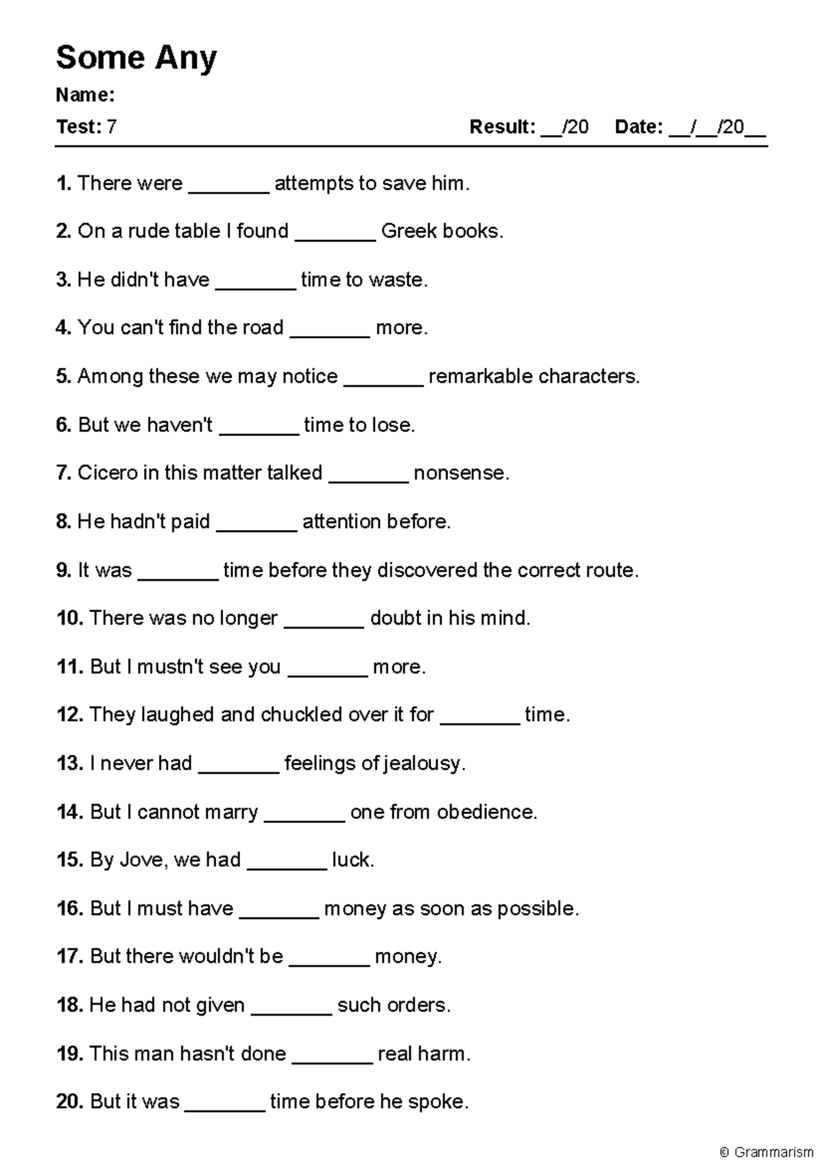 Grammarism some any test 7 1851607 - Some Any Test: 7 Result: /20 Date ...
