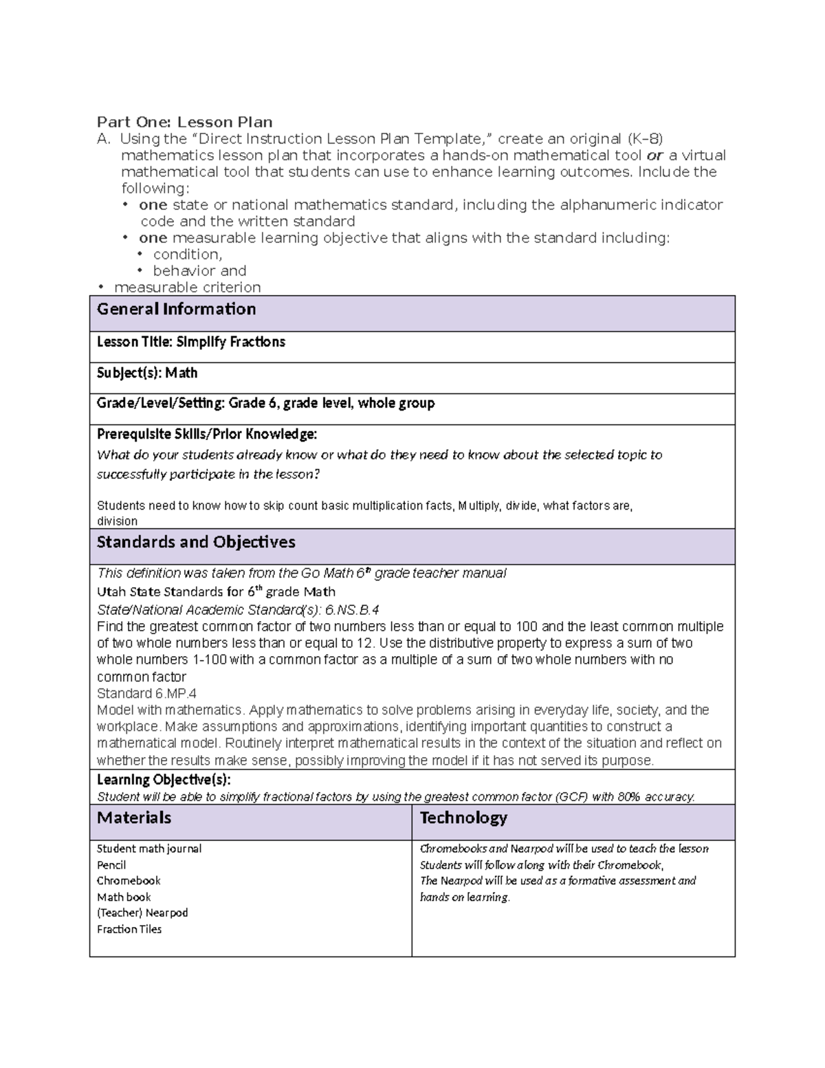 Math Lesson Plan: Simplifying Fractions for 6th Grade (D237) - Studocu