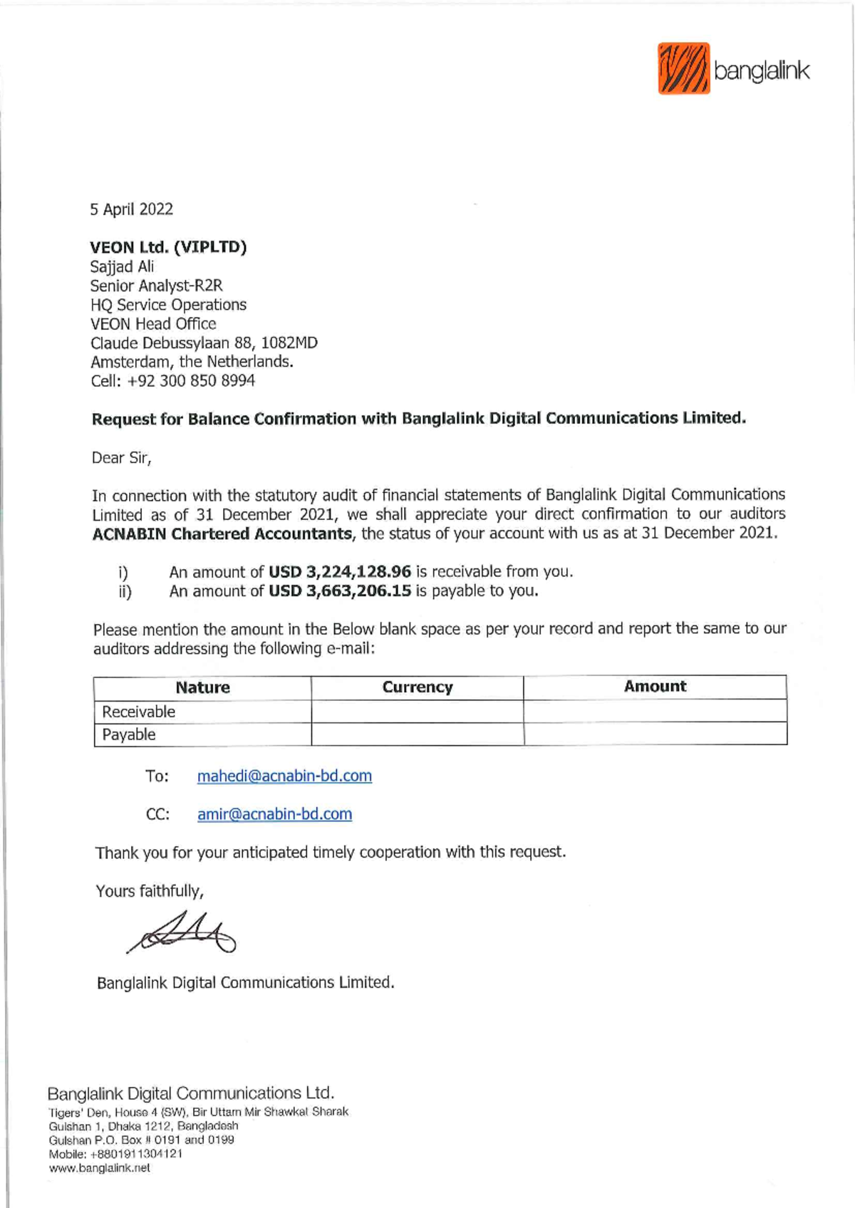 Balance Confirmation Letter - Intercompany Verification - Studocu