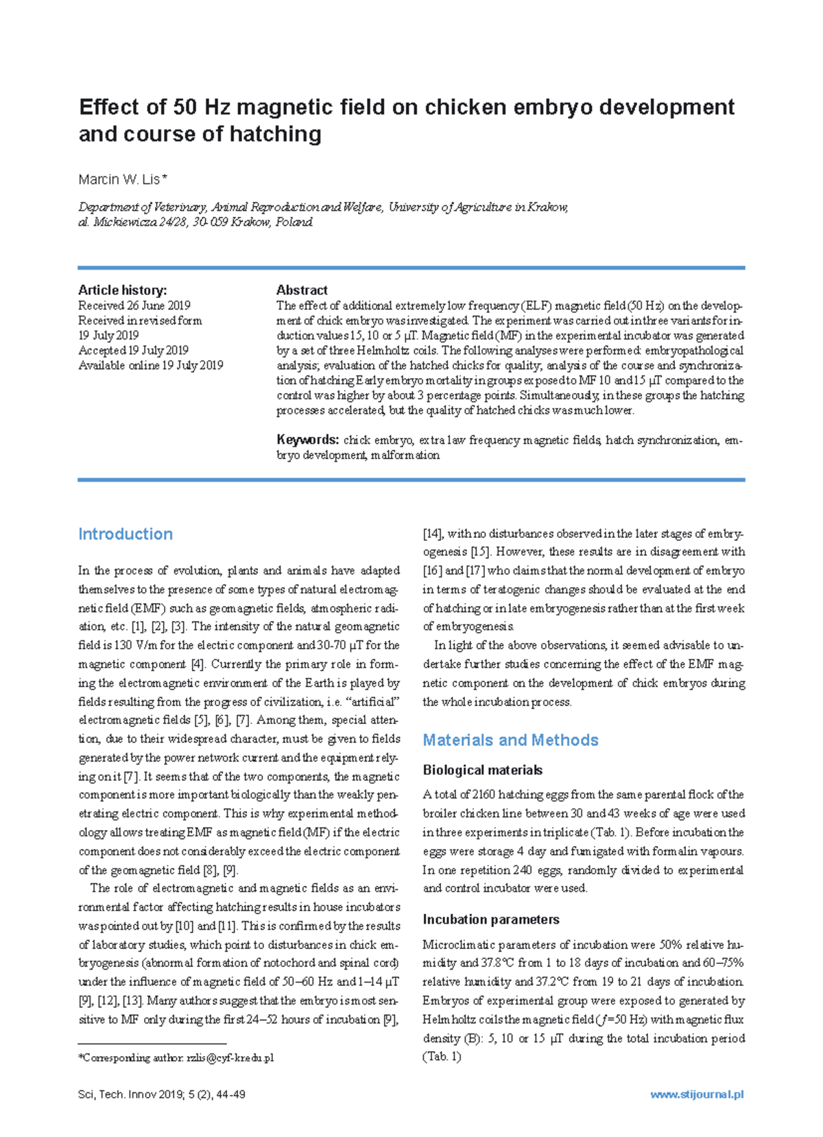 Impact of 50 Hz Magnetic Field on Chick Embryo Development and Hatching ...
