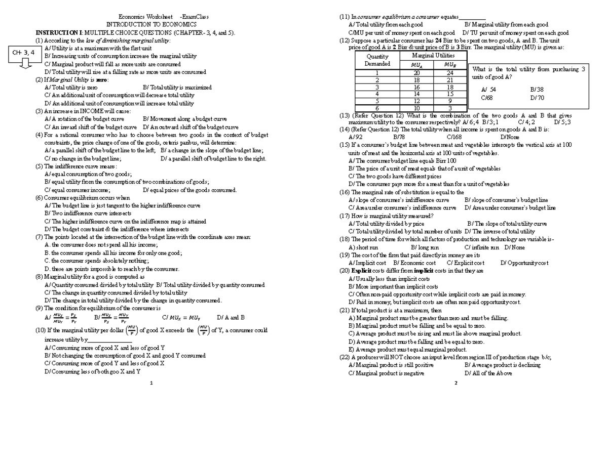 Economics Worksheet 3: MCQs on Chapters 3-5 Concepts - Studocu