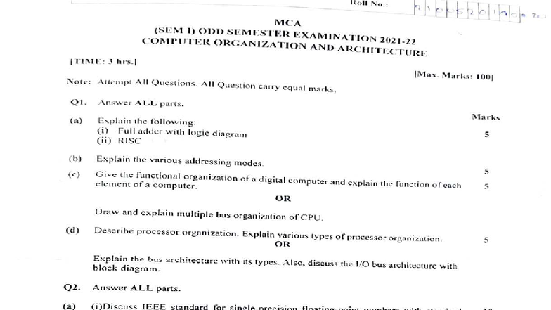 COA MCA SEM I Final Exam: Computer Organization & Architecture PYQs ...