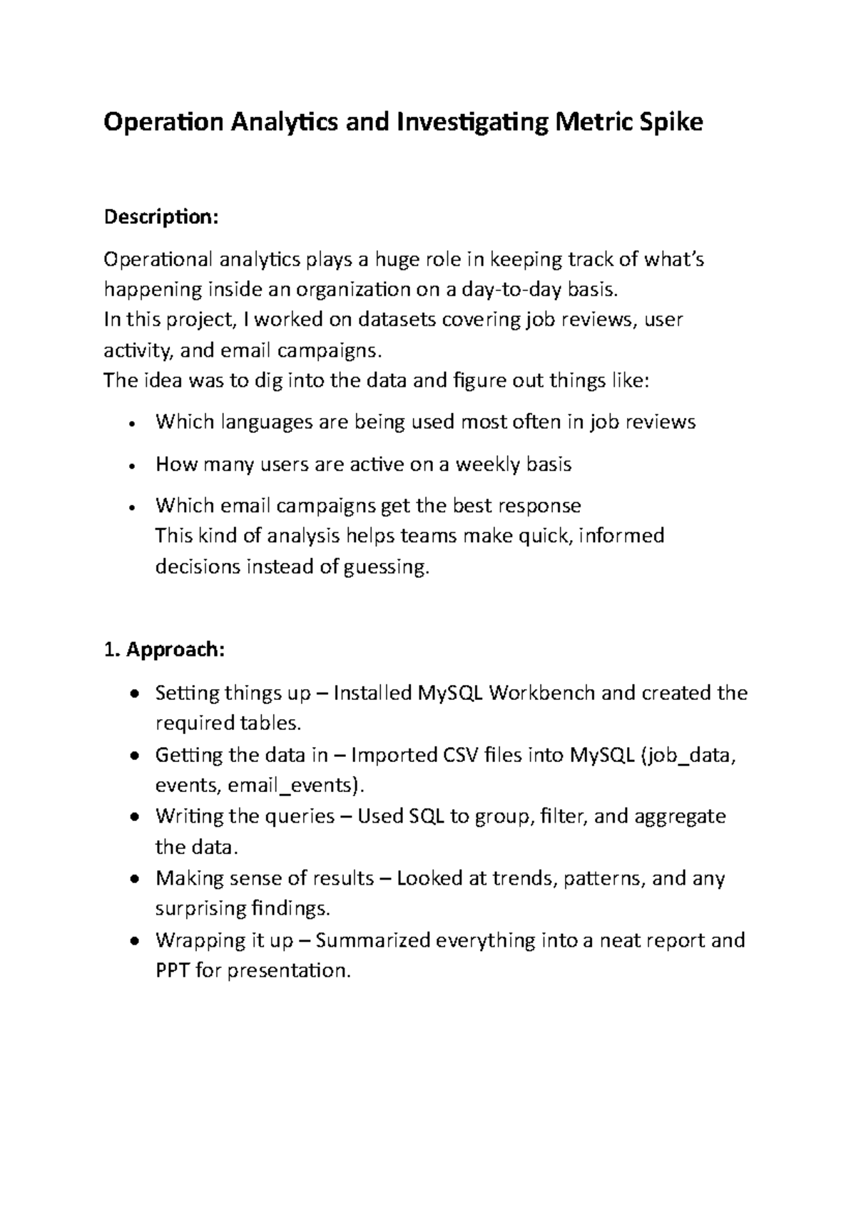 Operation Analytics Project: Insights from SQL Data Analysis - Studocu
