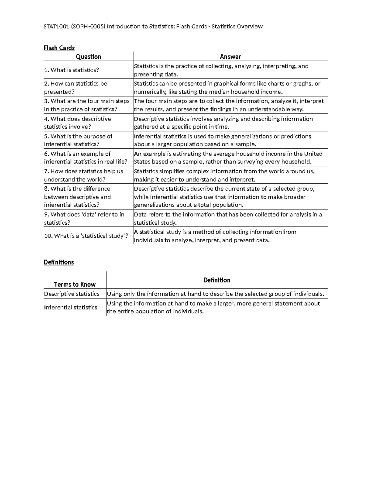 STAT1001 (SOPH-0005) Intro to Statistics - Flash Cards Overview - Studocu