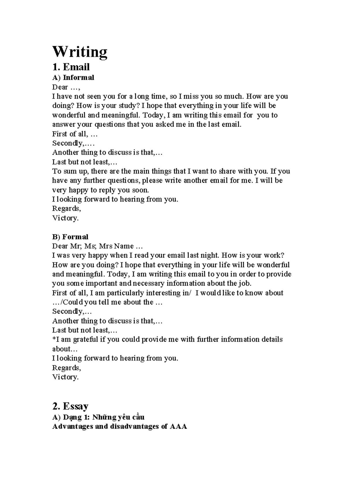 Writing 1: Informal & Formal Email Examples and Essay Structure - Studocu