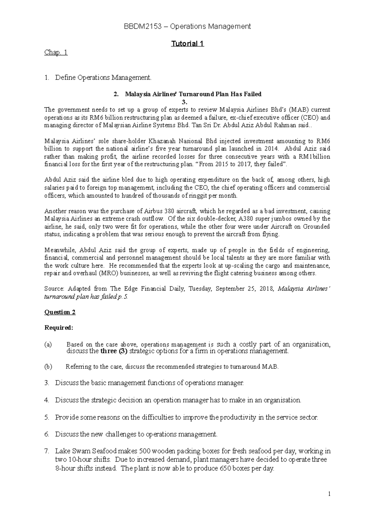 BBDM2153 Tutorial 1 - Operational - BBDM2153 – Operations Management Tutorial 1 Chap. 1 1 ...