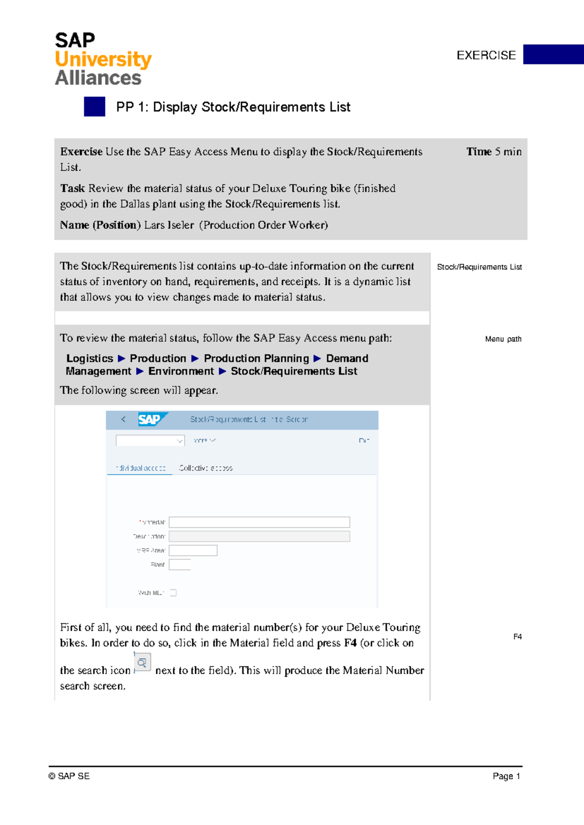 EXERCISE PP: SAP Easy Access Menu for Displaying Lists and BOMs - Studocu