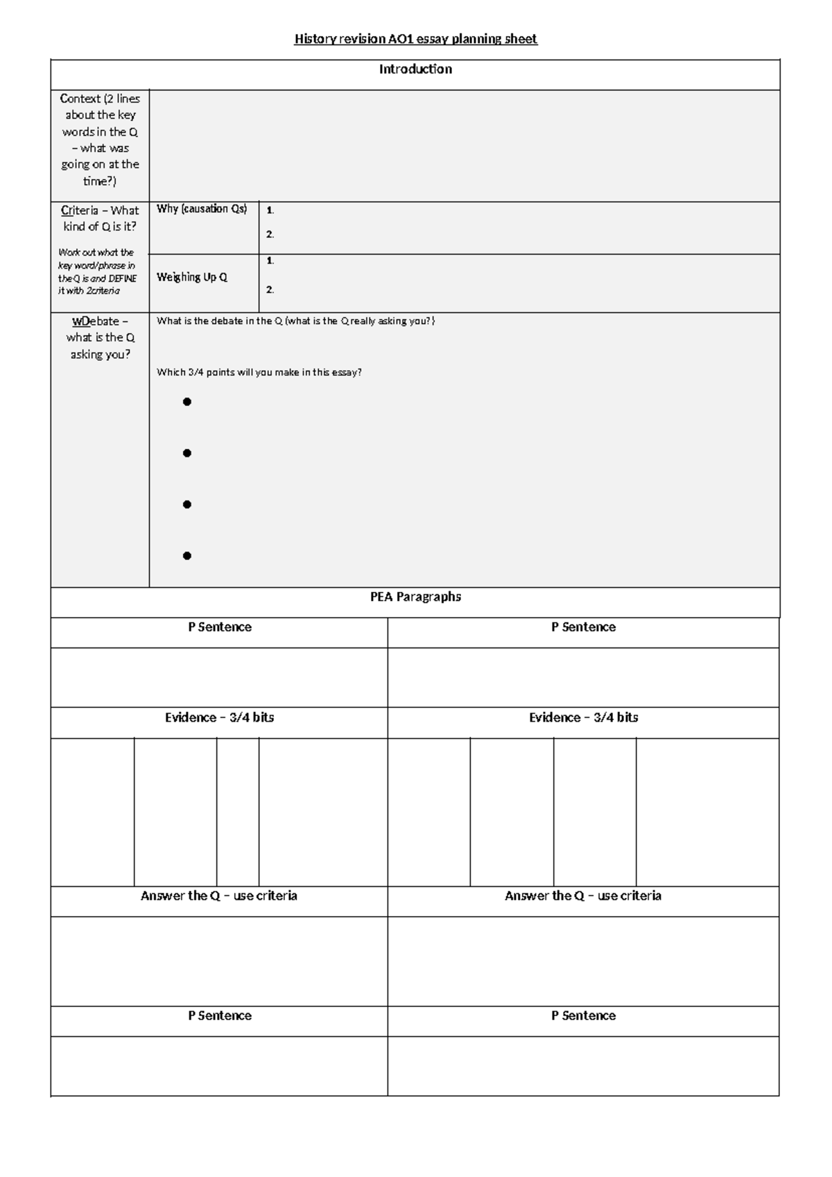 History Revision AO1 Essay Planning Sheet 3 - Studocu