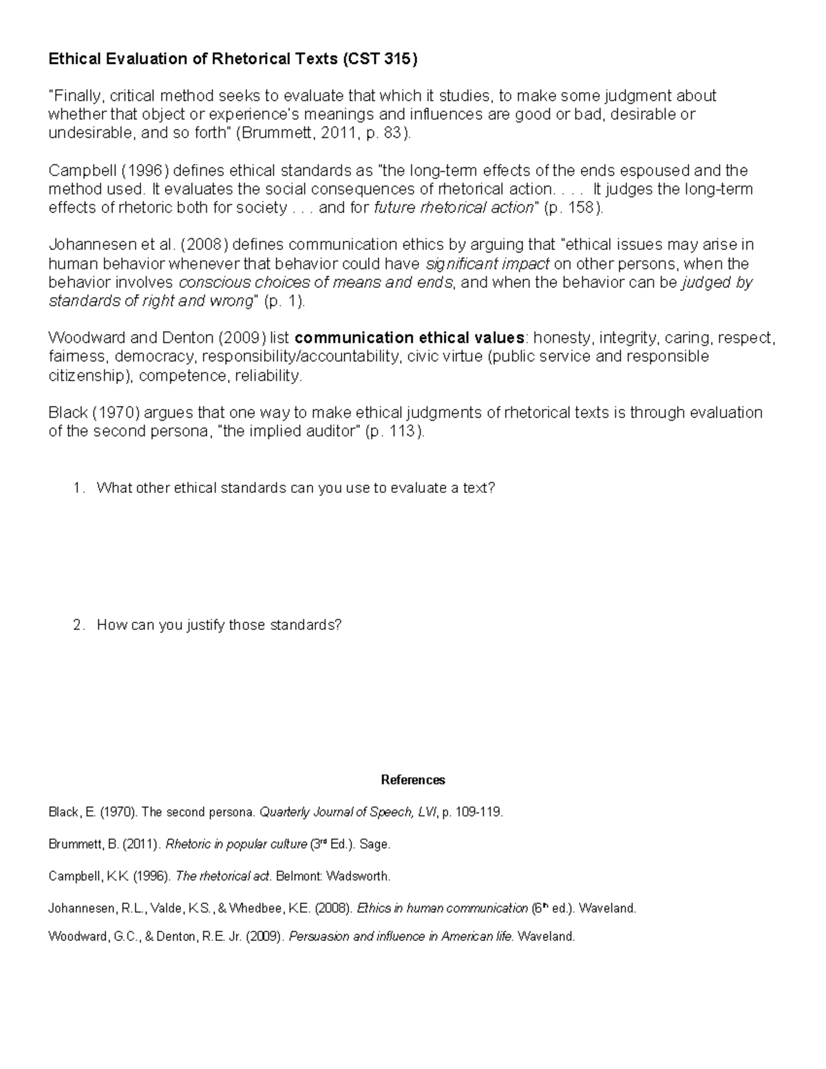 Ethical Evaluation of Rhetorical Texts: A Critical Analysis (CST 315 ...