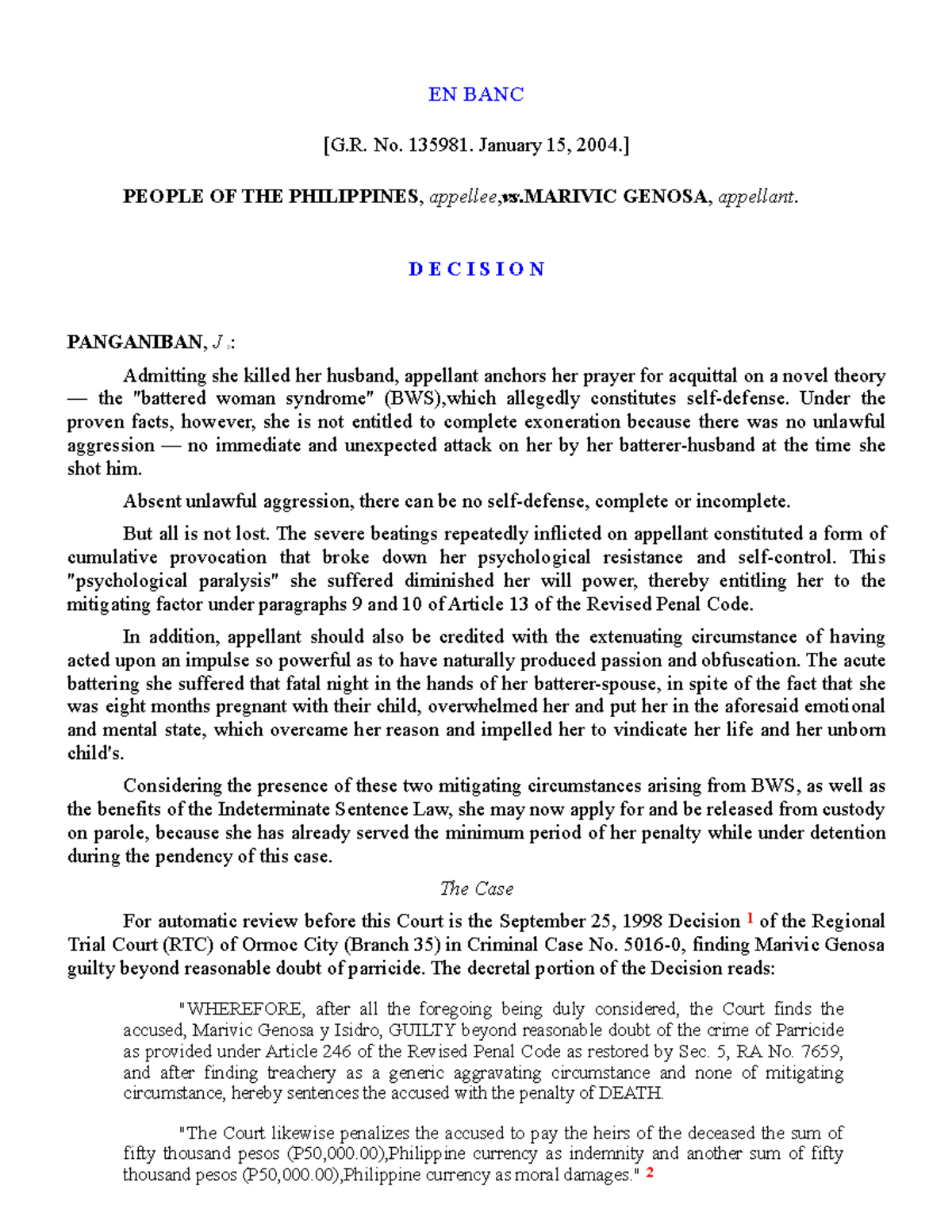 People v. Genosa: Battered Woman Syndrome in Parricide Case (G.R. No ...