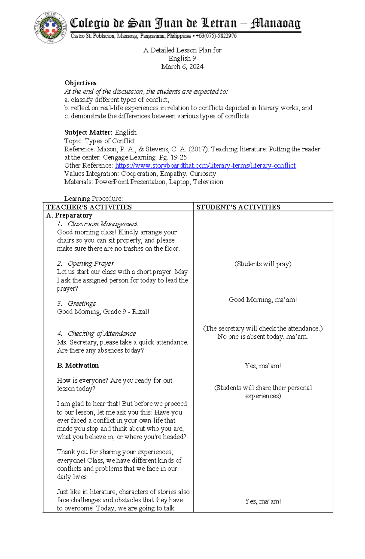 Detailed Lesson Plan - English 9: Types of Conflicts (Lesson 3) - Studocu