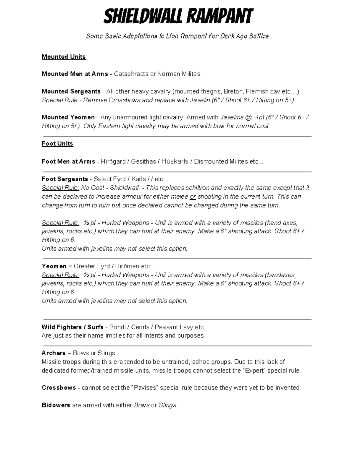 Shieldwall Rampant: Dark Age Adaptations for Mounted & Foot Units - Studocu