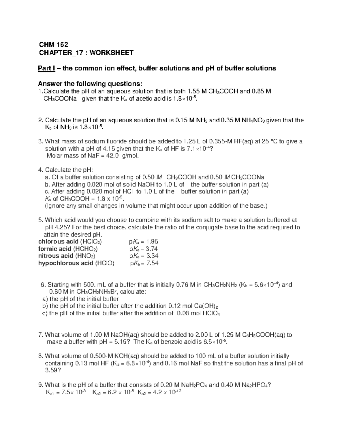 Worksheet Ch 17 - This is awesome practice for chem 2! - CHM 162 ...
