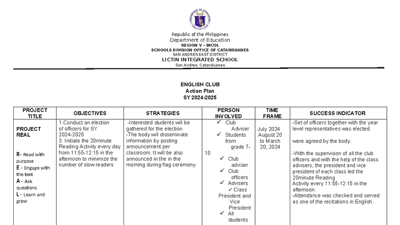 English Club Action Plan SY 2024: Read with Purpose Initiative - Studocu